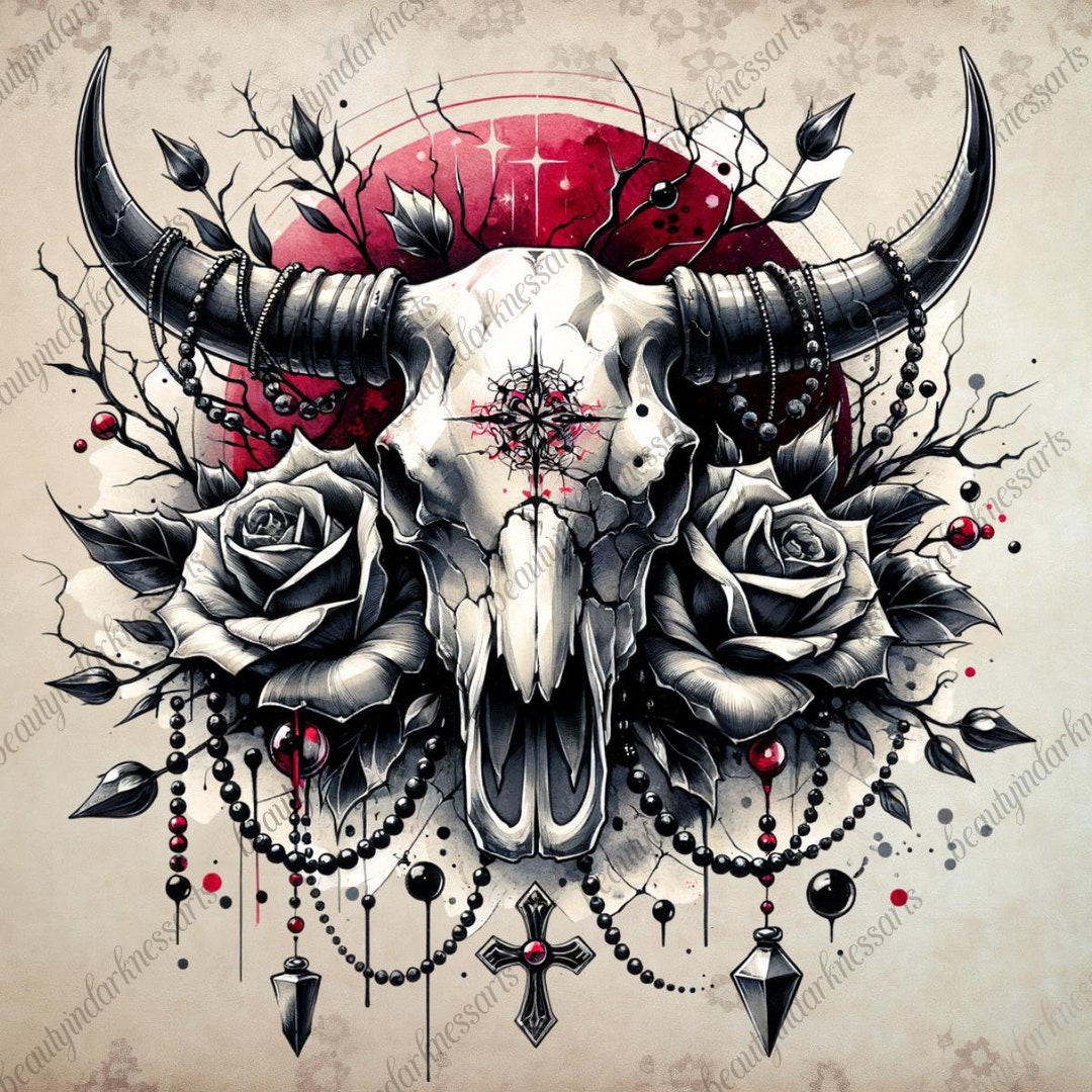 Western Cow Skull With Roses and Beads, Bold, Edgy and High Detailed ...