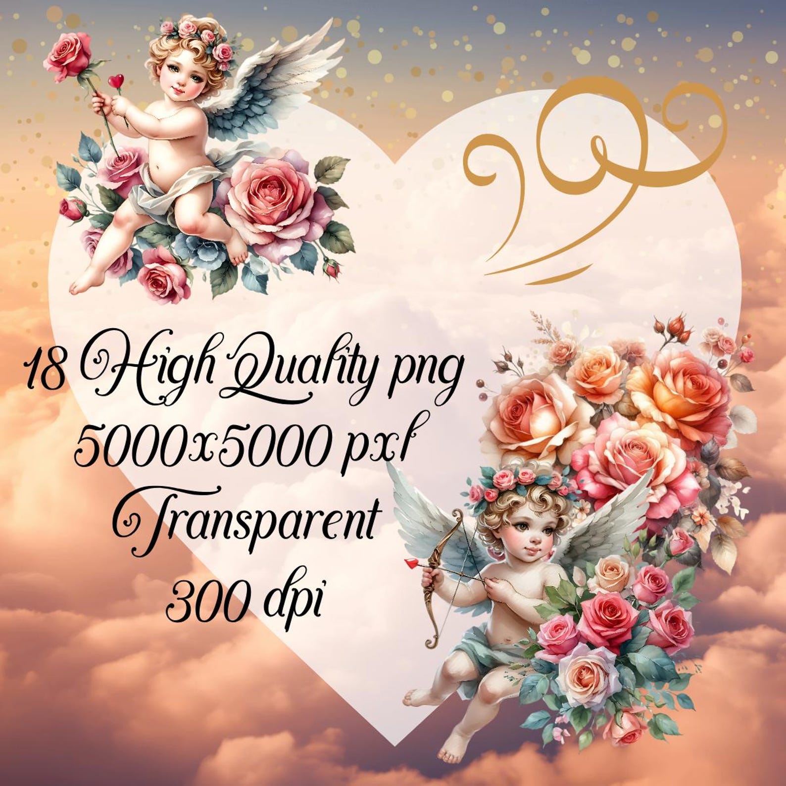 18 Watercolor Cupid & Painted Roses Clipart Png, Cupid Png, Digital ...