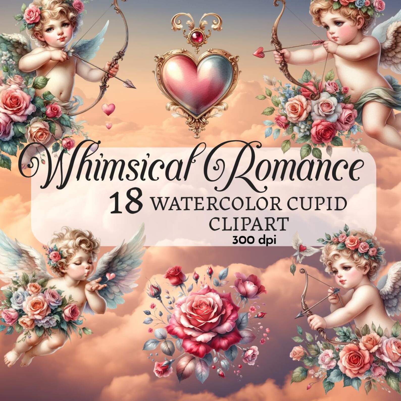 18 Watercolor Cupid & Painted Roses Clipart Png, Cupid Png, Digital ...