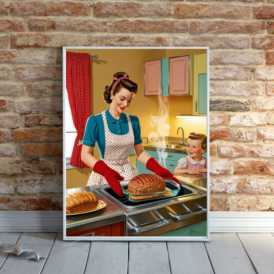 Vintage 1950s Kitchen Art - Retro Mother Baking Meatloaf - Mid Century ...