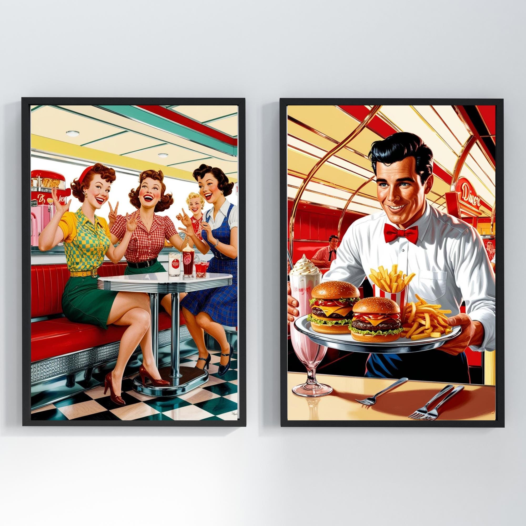 Retro Diner Wall Art Set - 8 A3 Posters - Vintage 50s Diner Print ...