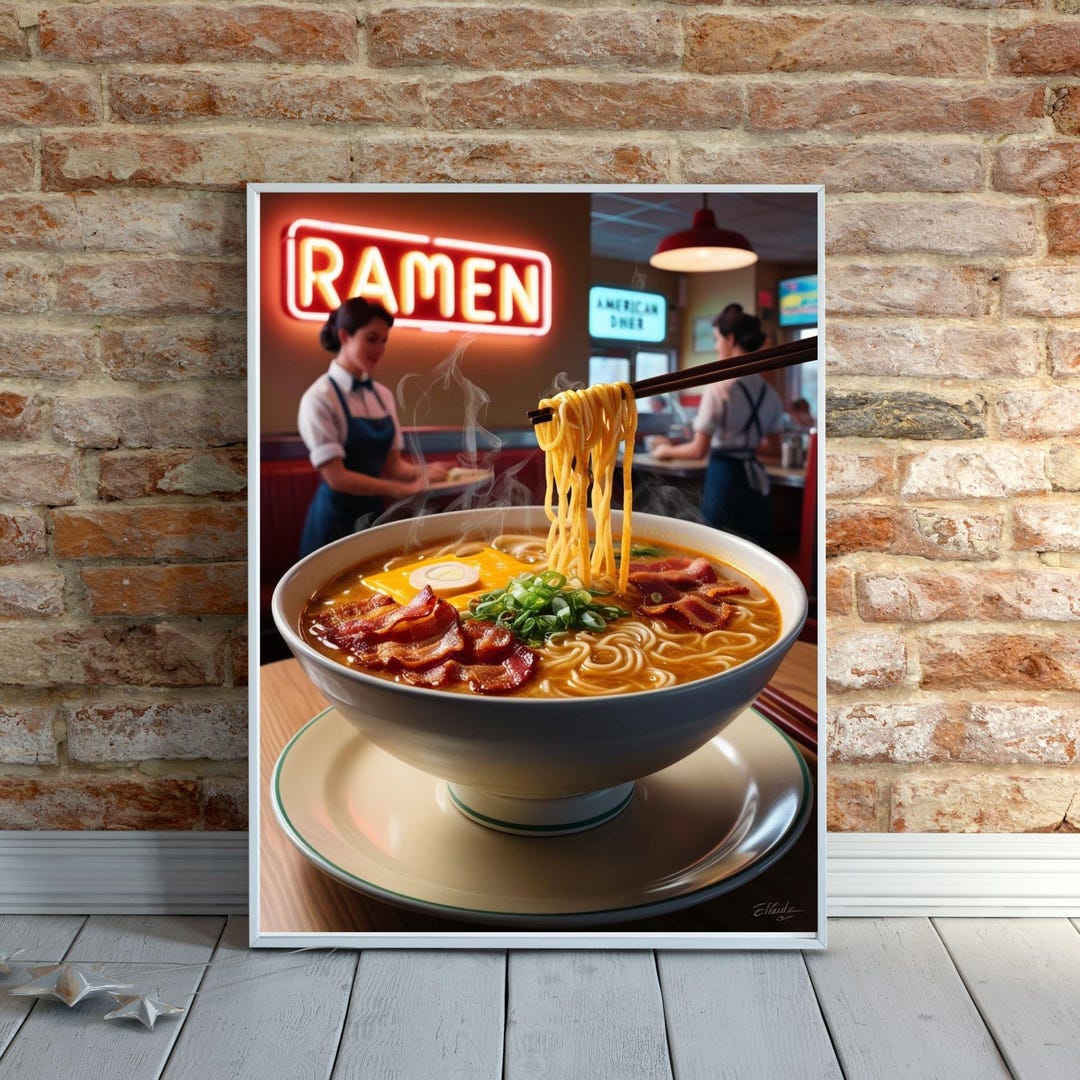 Retro Ramen Diner Art - Bacon & Cheese Noodles - Funny Japanese Food ...