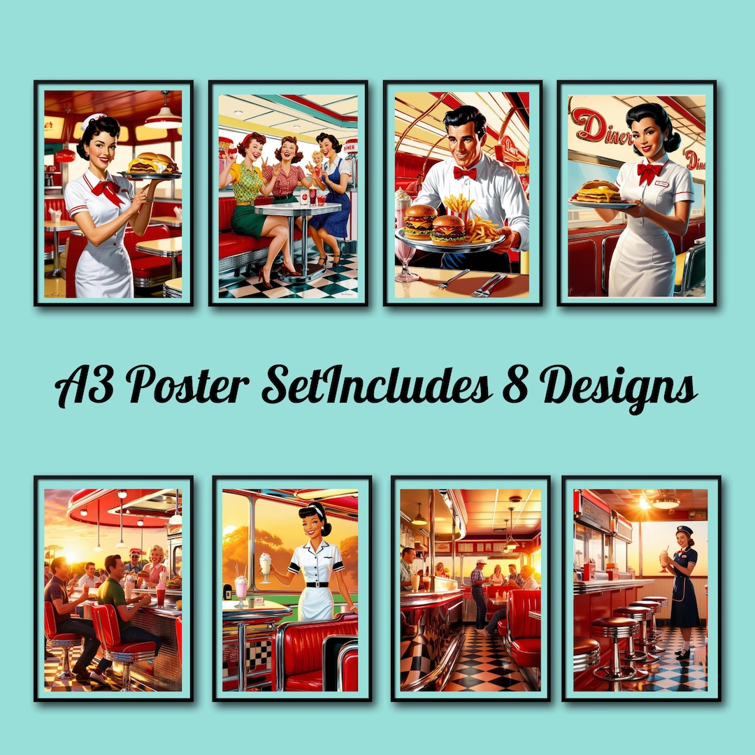 Retro Diner Wall Art Set - 8 A3 Posters - Vintage 50s Diner Print ...