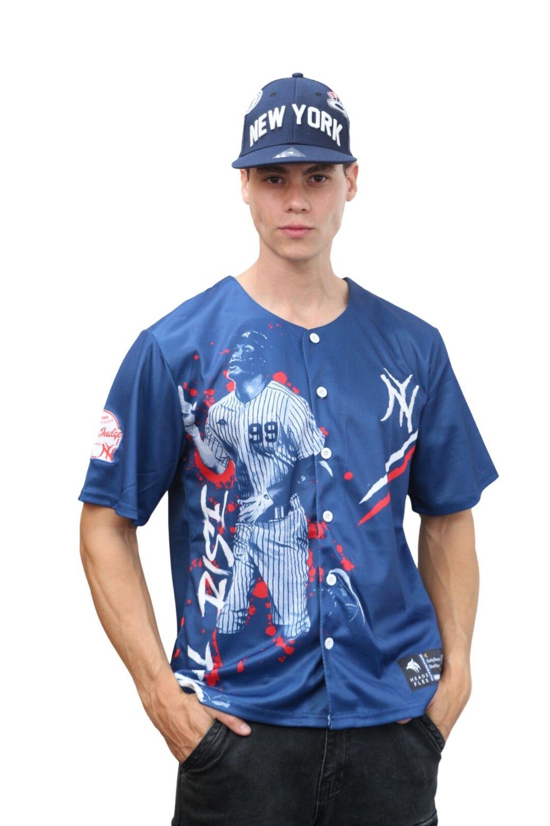 HEADZ FLEX Judge All Rise Baseball Jersey - Blue Short Sleeve | NY Embroidery, Judge Action ...