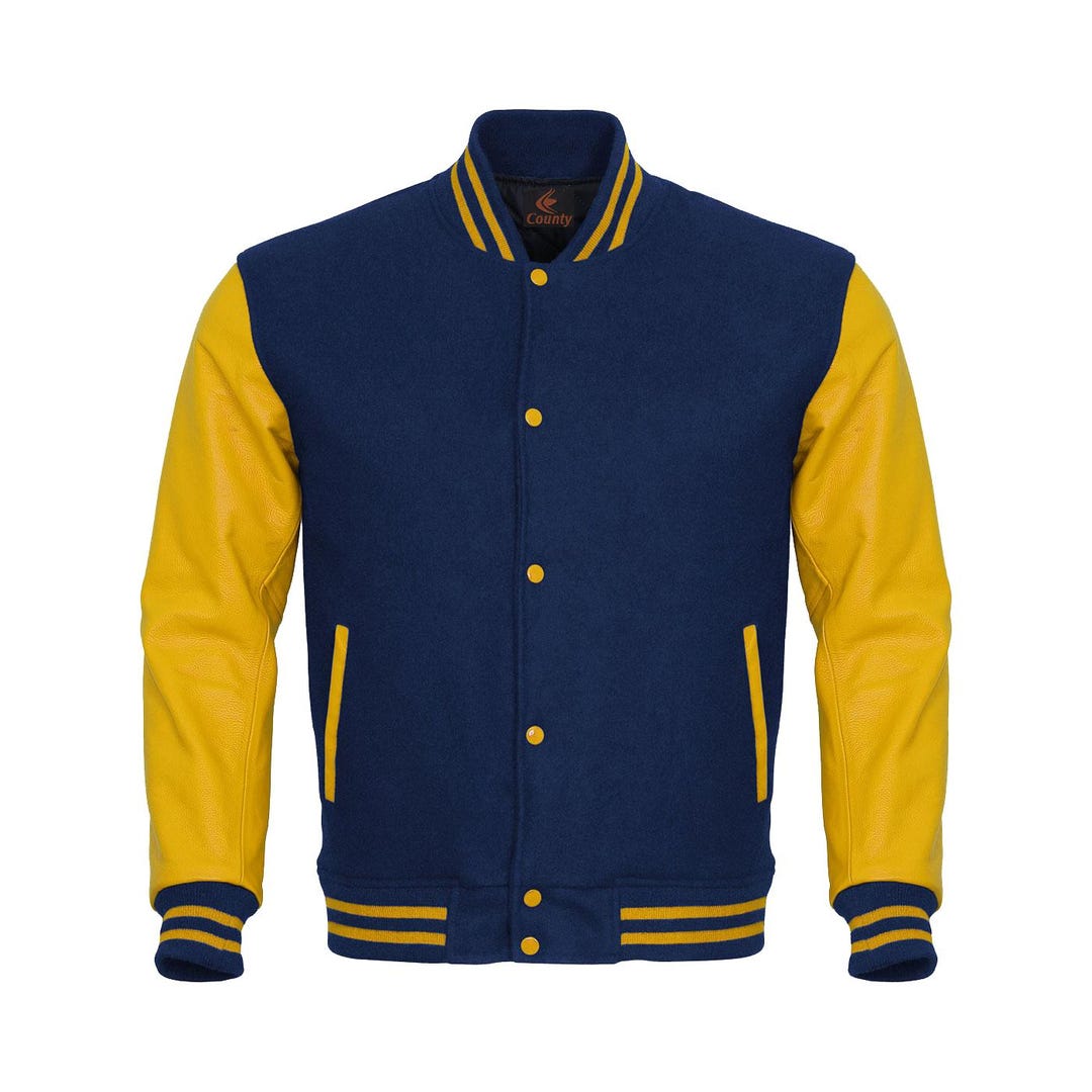 Varsity Jacket Navy Blue Body and Yellow Leather Sleeves Letterman ...