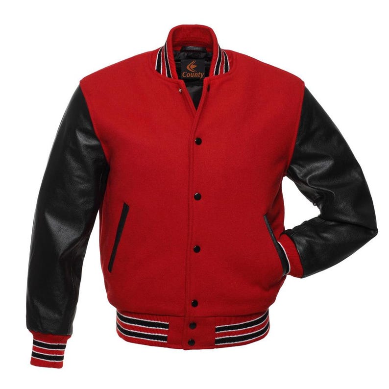 Varsity Jacket Red Body and Black Leather Sleeves Letterman Jacket ...