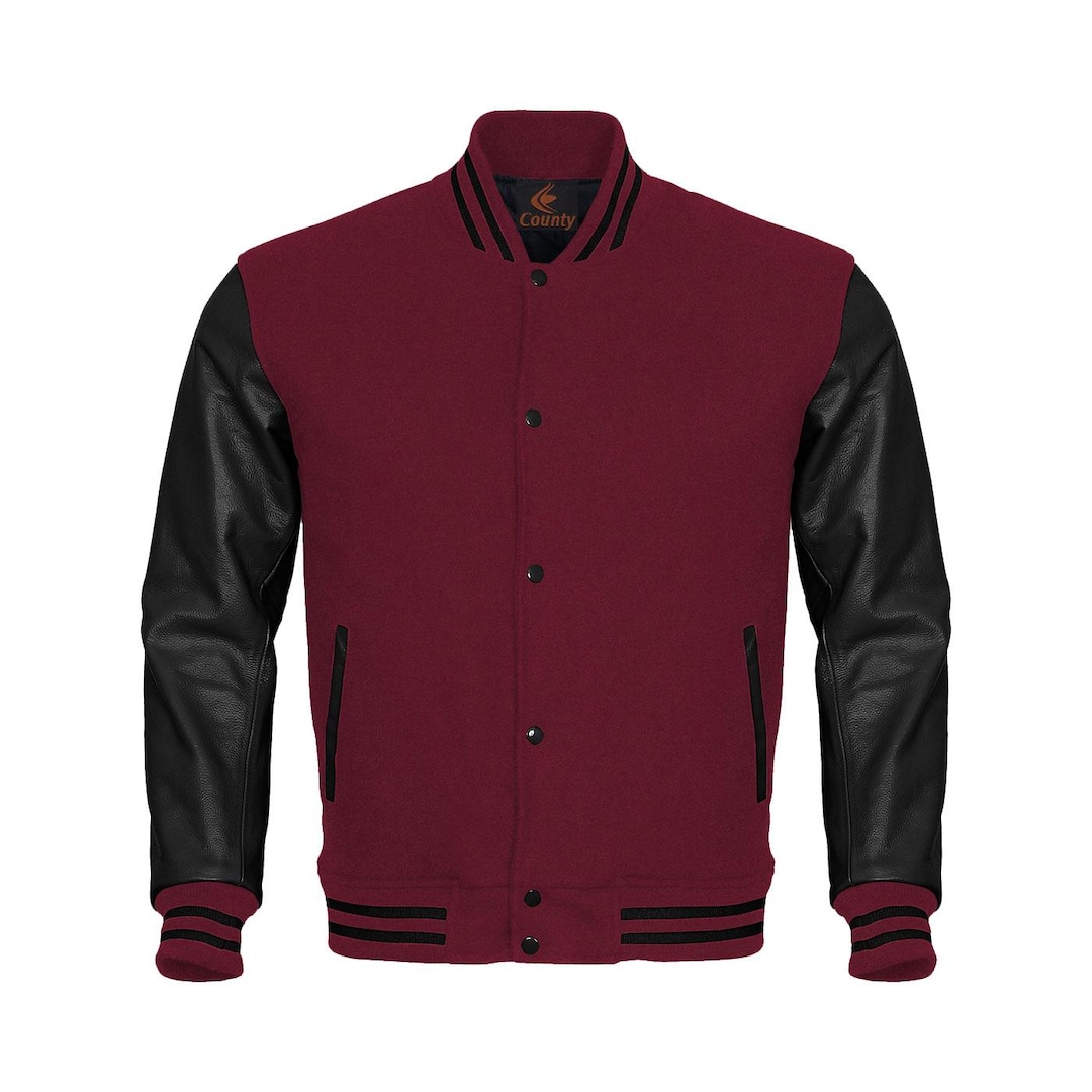 Varsity Jacket Maroon Body and Black Leather Sleeves Letterman Jacket ...