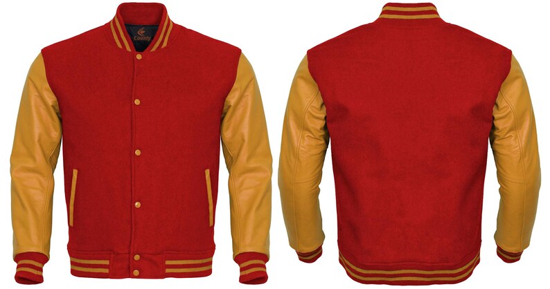 Varsity Jacket Red Body and Gold Leather Sleeves Letterman Jacket ...