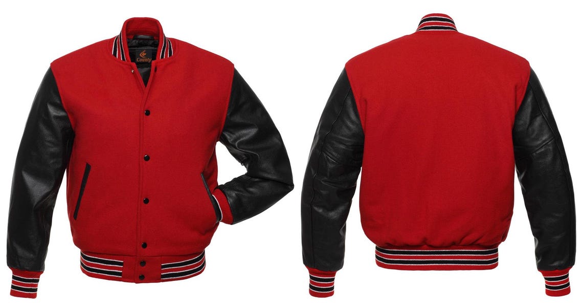 Varsity Jacket Red Body and Black Leather Sleeves Letterman Jacket ...