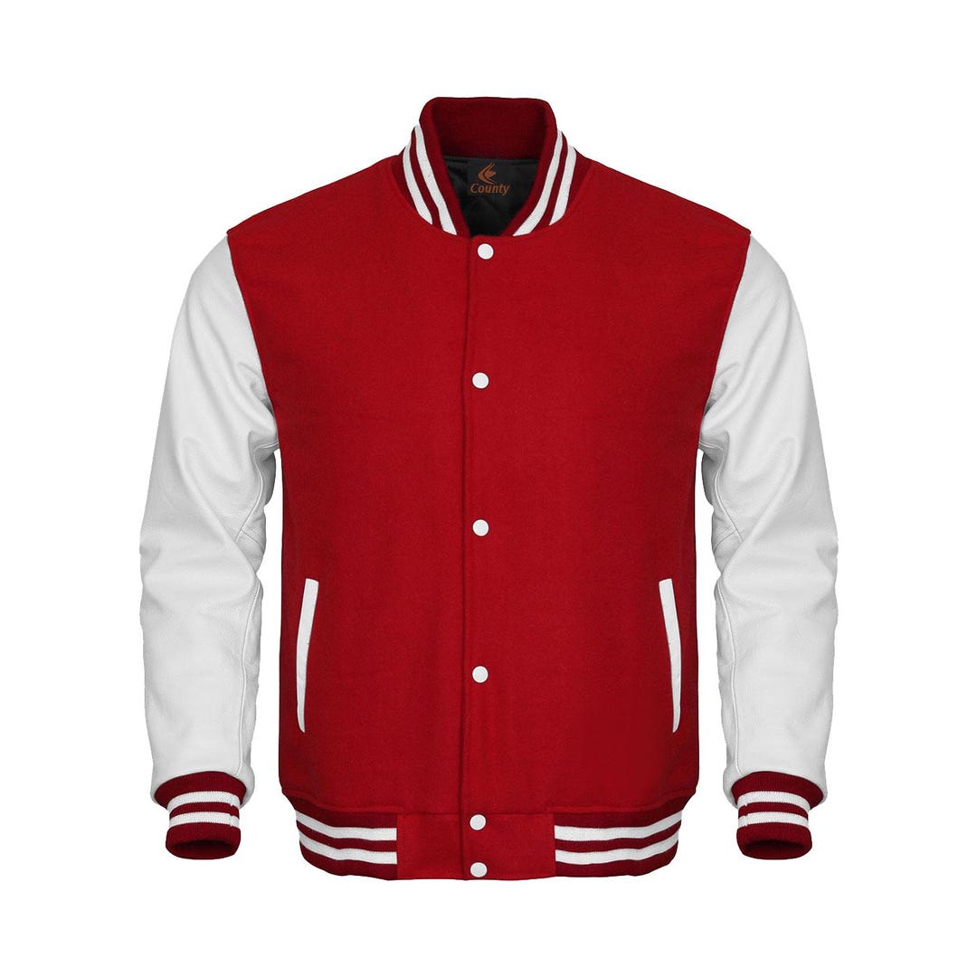 Varsity Jacket Red Body and White Leather Sleeves Letterman Jacket ...