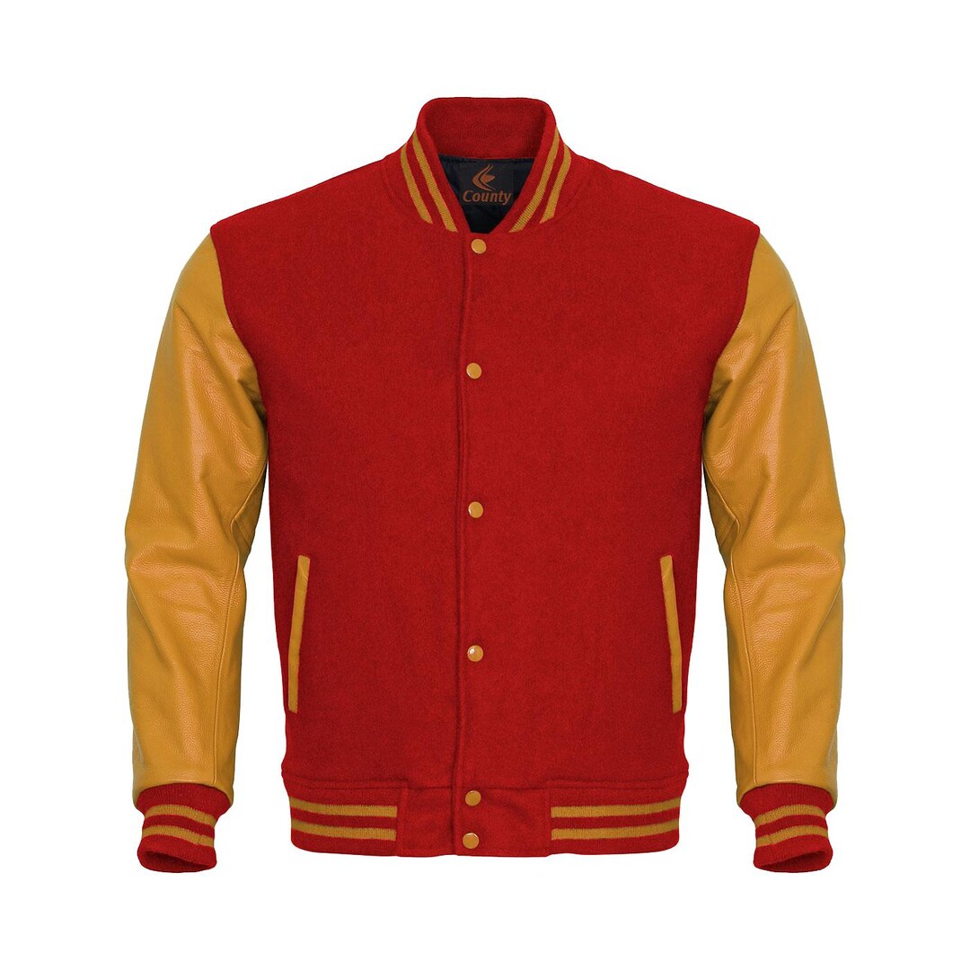 Varsity Jacket Red Body and Gold Leather Sleeves Letterman Jacket ...