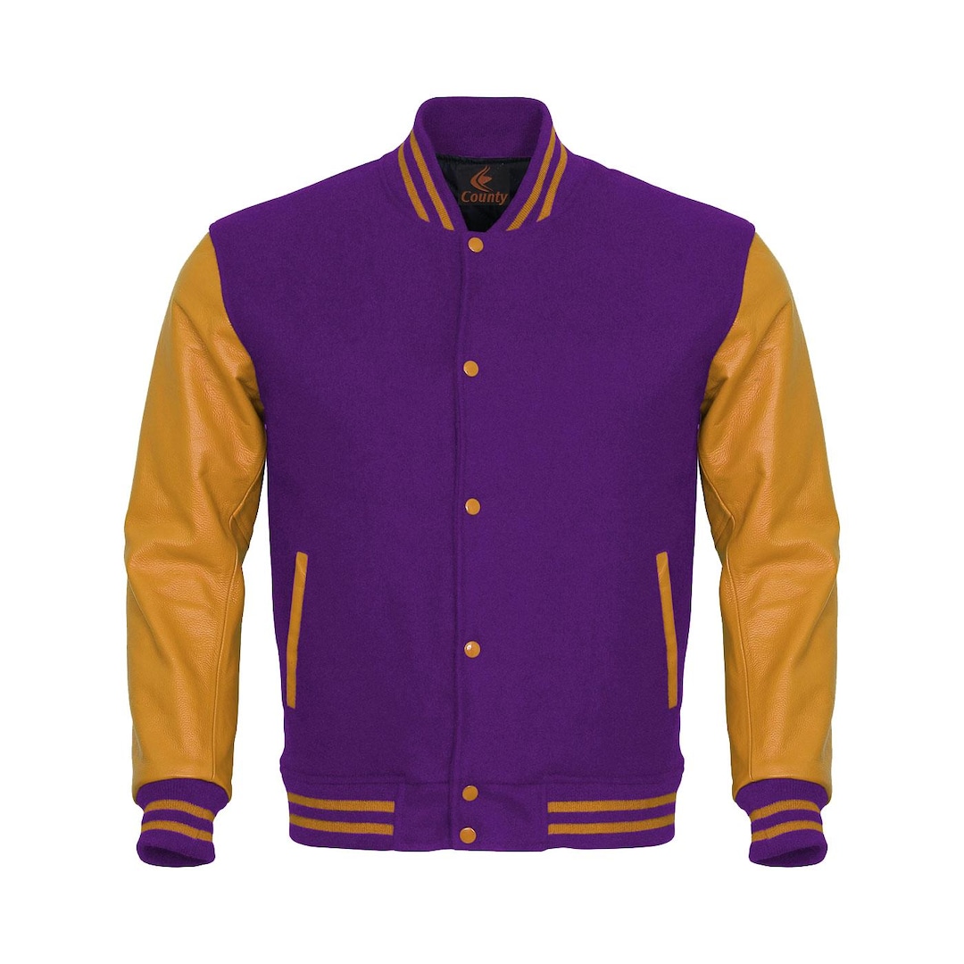 Varsity Jacket Purple Body and Gold Leather Sleeves Letterman Jacket ...