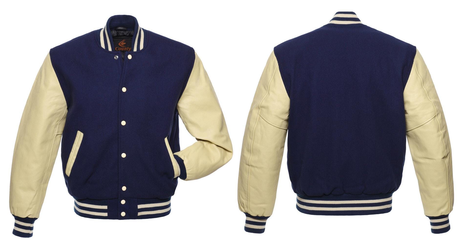 Varsity Jacket Navy Blue Body and Cream Leather Sleeves Letterman ...