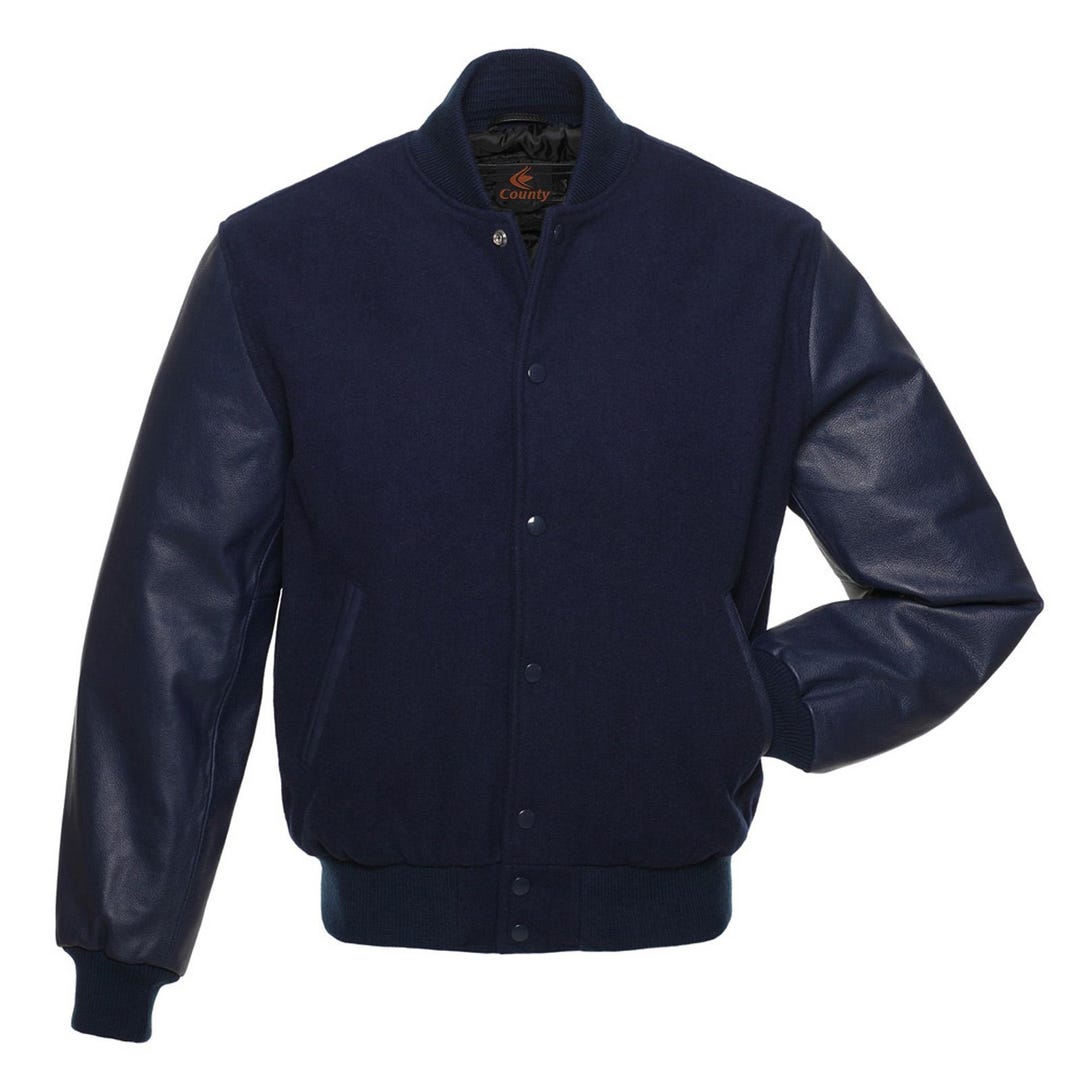 Varsity Jacket Navy Blue Body and Navy Blue Leather Sleeves Letterman ...