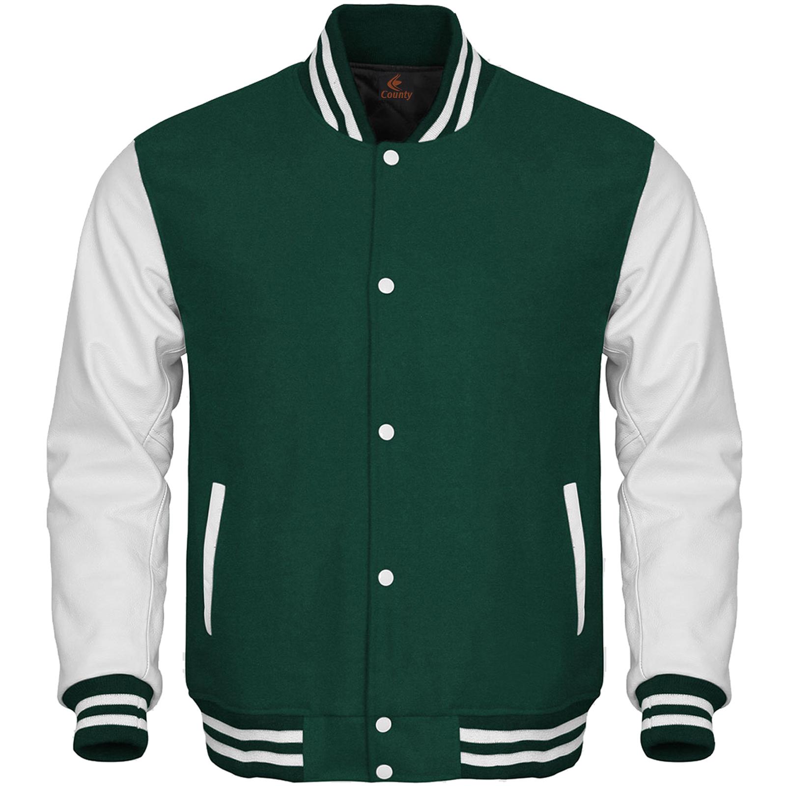 Varsity Jacket Forest Green Body and White Leather Sleeves Letterman ...