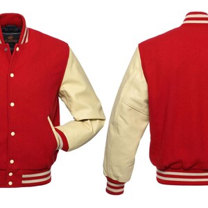 Varsity Jacket Red Body and Cream Leather Sleeves Letterman Jacket ...