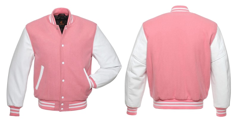 Varsity Jacket Pink Body and White Leather Sleeves Letterman Jacket ...