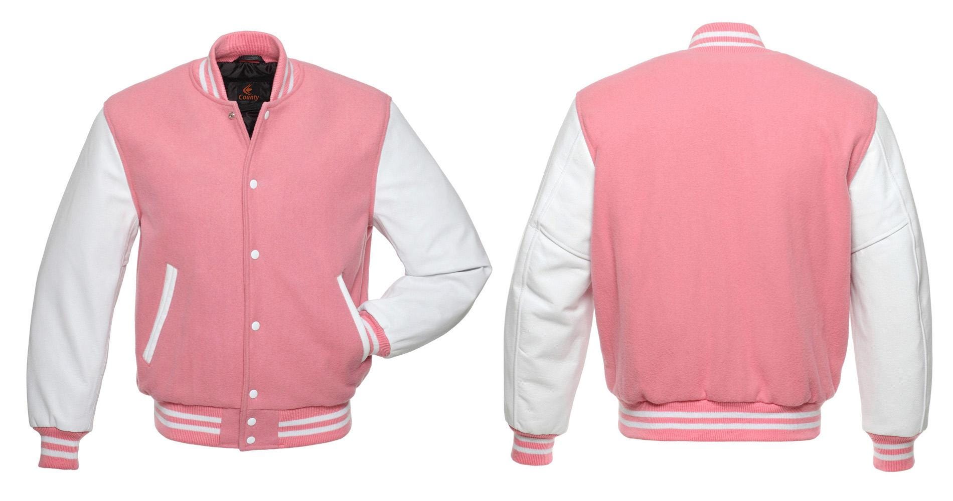 Varsity Jacket Pink Body and White Leather Sleeves Letterman Jacket ...