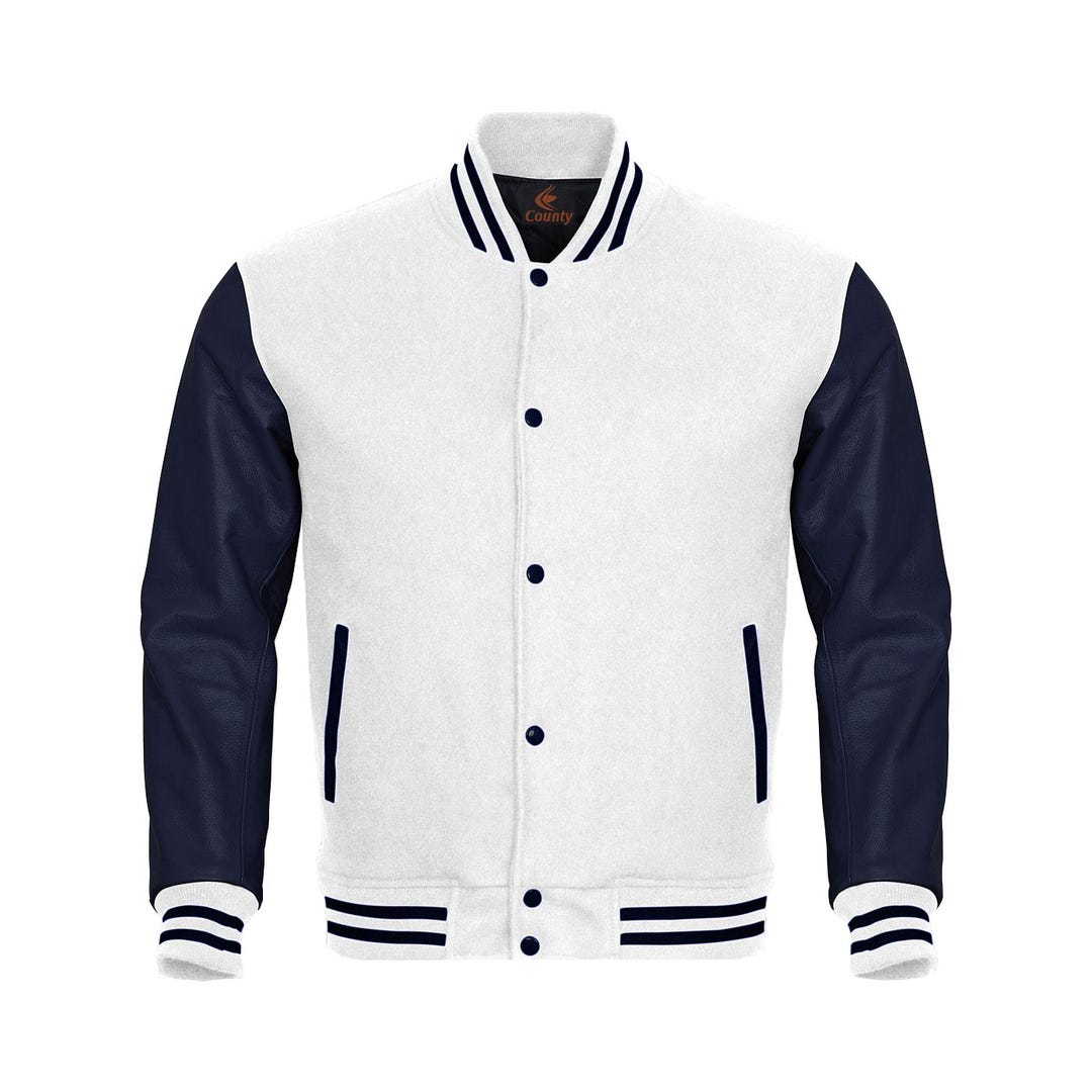Varsity Jacket White Body and Navy Blue Leather Sleeves Letterman ...