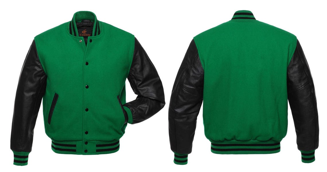 Varsity Jacket Green Body and Black Leather Sleeves Letterman Jacket ...