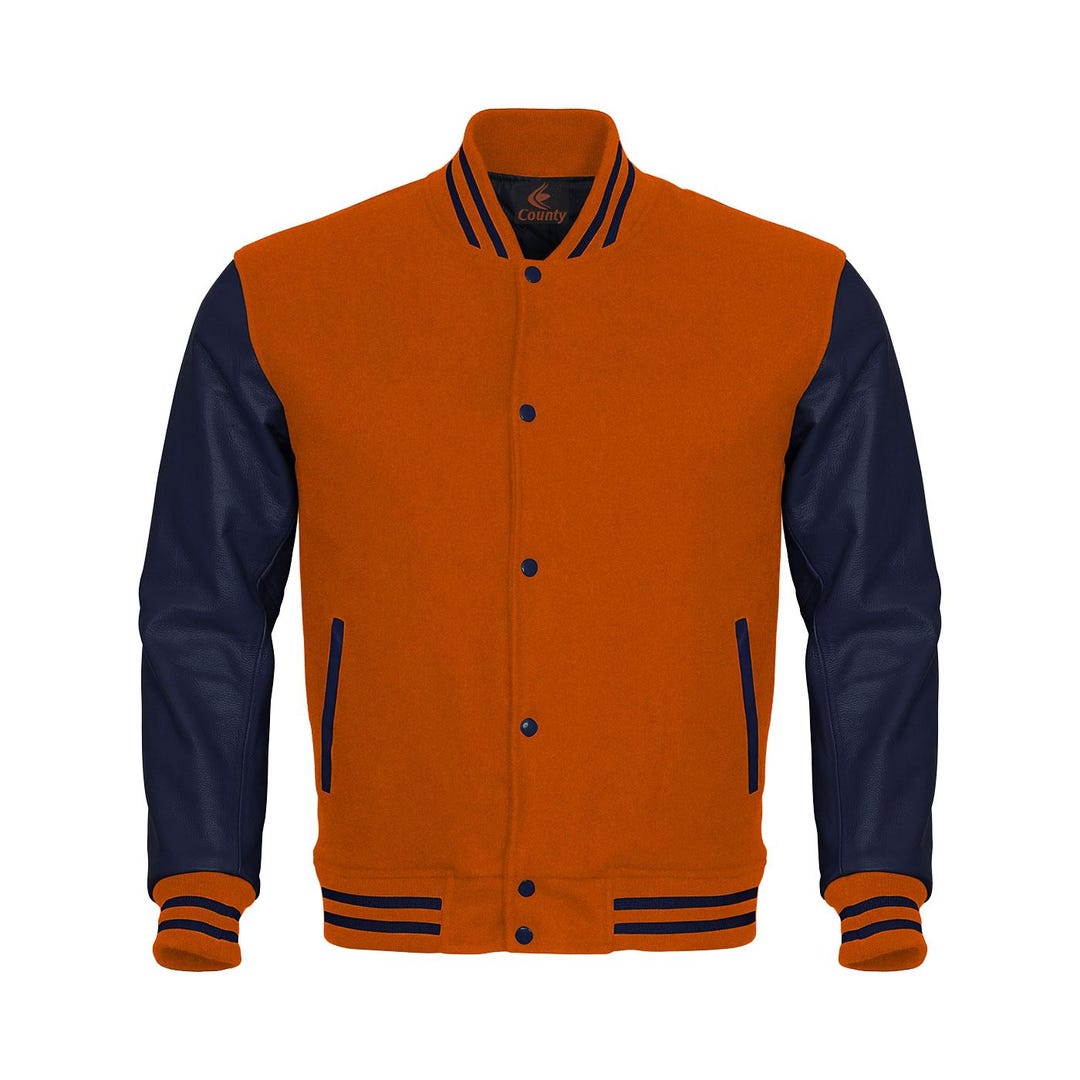 Varsity Jacket Orange Body and Navy Blue Leather Sleeves Letterman ...