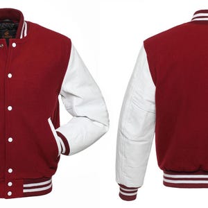 Varsity Jacket Maroon Body and White Leather Sleeves Letterman Jacket ...