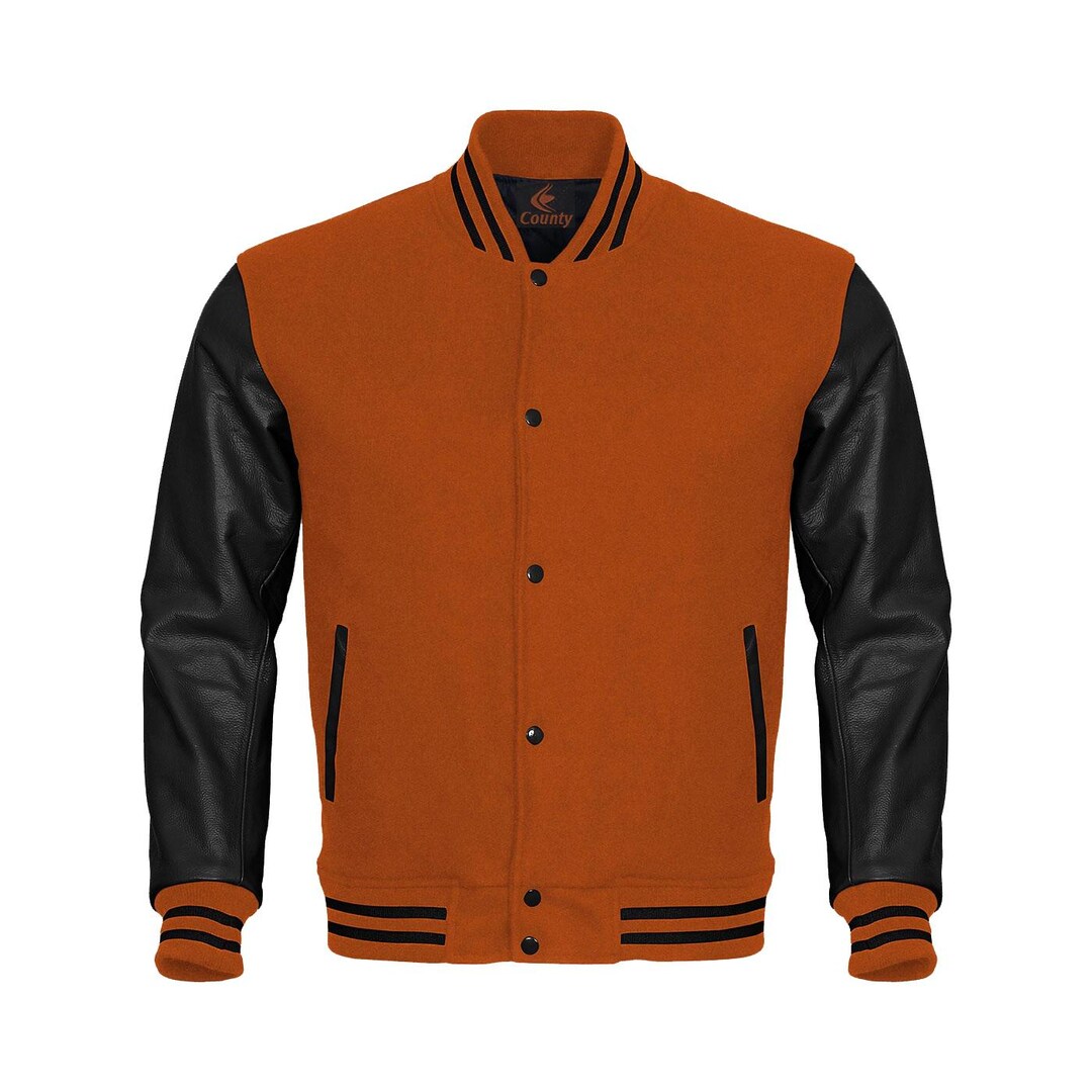 Varsity Jacket Orange Body and Black Leather Sleeves Letterman Jacket ...