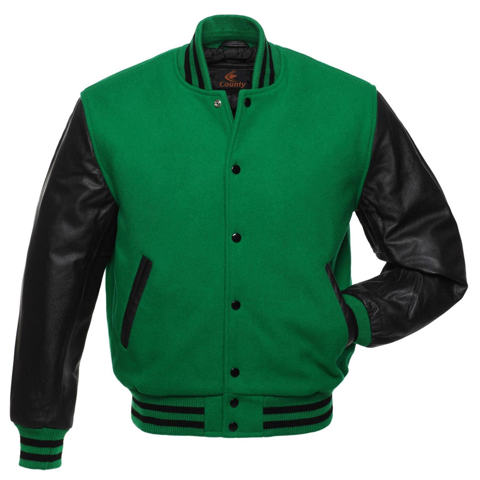 Varsity Jacket Green Body and Black Leather Sleeves Letterman Jacket ...