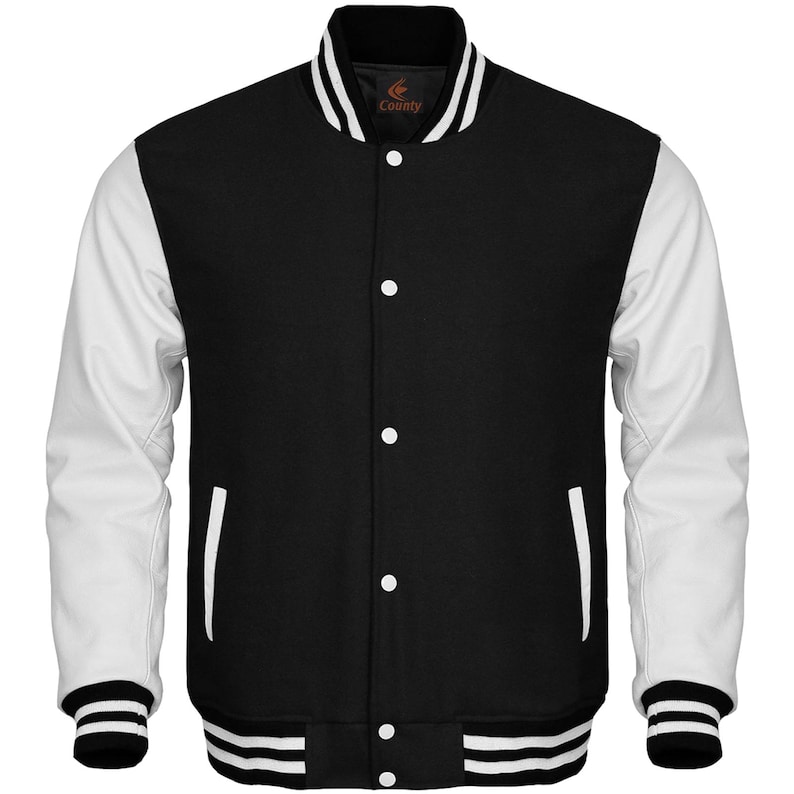 Varsity Jacket Black Body and White Leather Sleeves Letterman Jacket ...