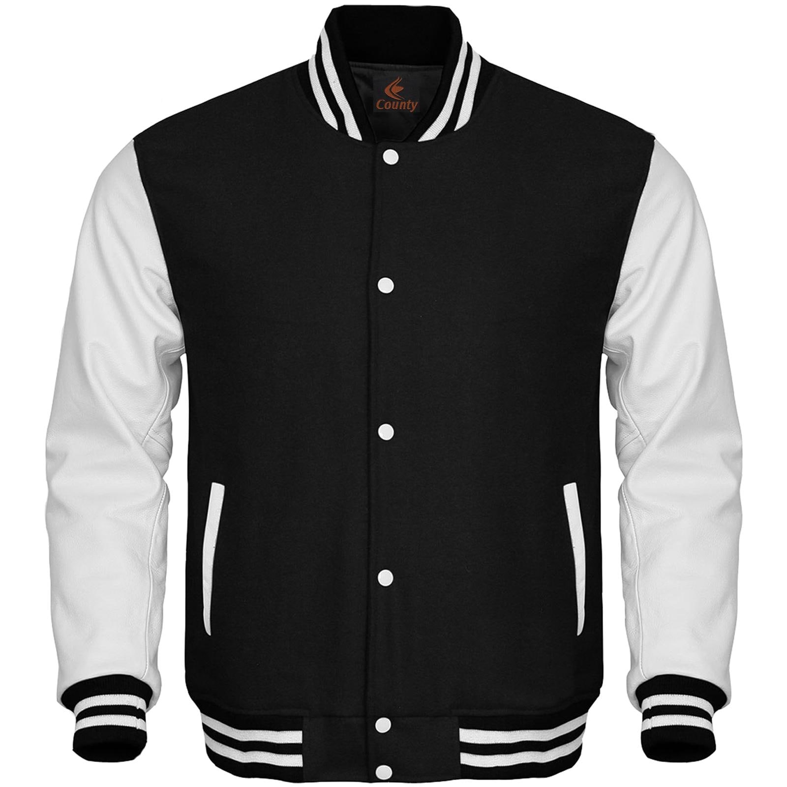 Varsity Jacket Black Body and White Leather Sleeves Letterman Jacket ...