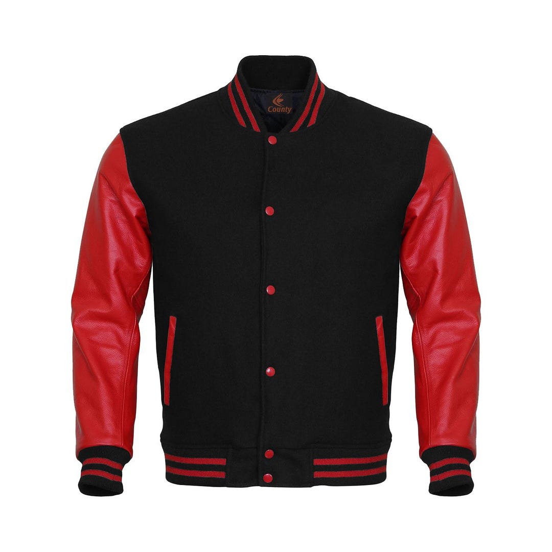 Varsity Jacket Black Body and Red Leather Sleeves Letterman Jacket ...