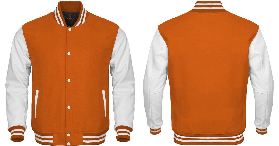 Varsity Jacket Orange Body and White Leather Sleeves Letterman Jacket ...