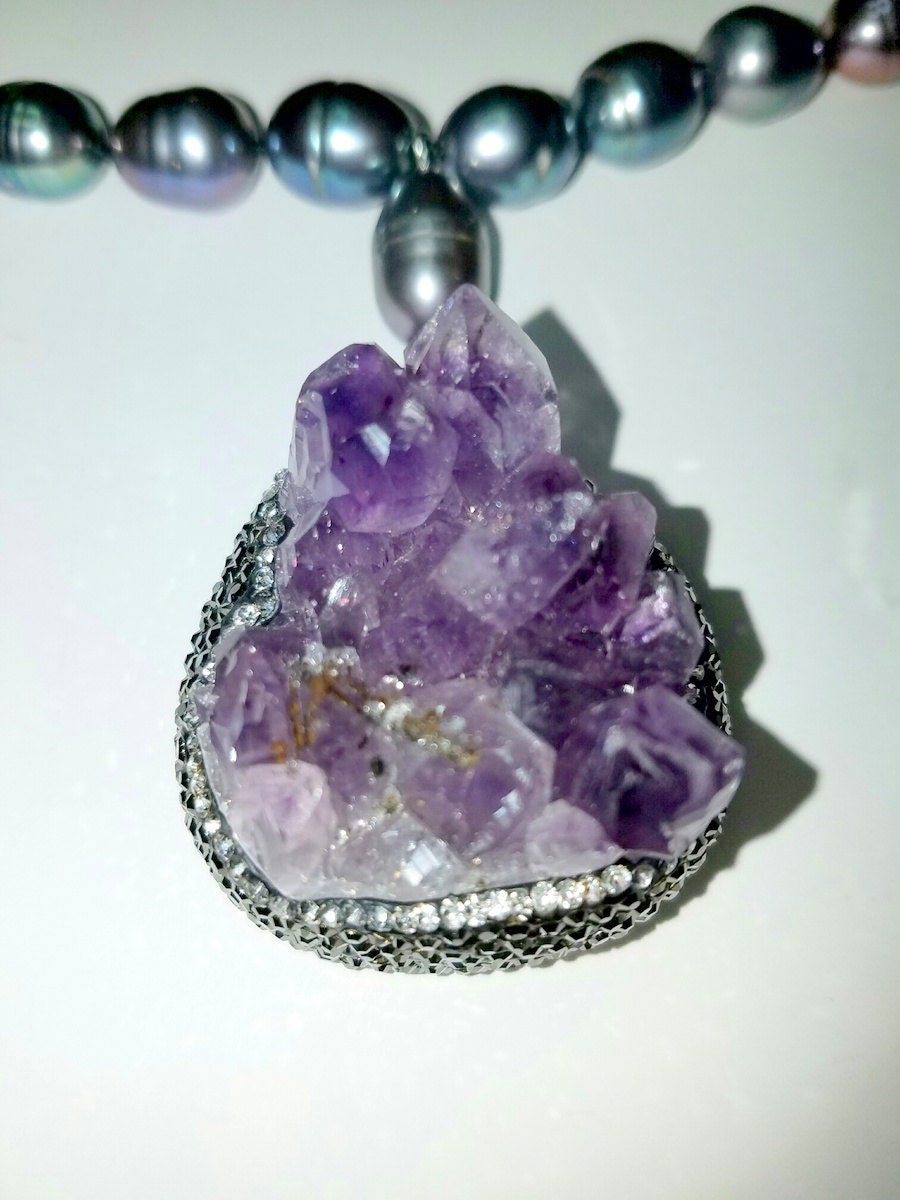 Amethyst Druzy Pendant With 12mm Black Baroque Rice Freshwater Pearl ...