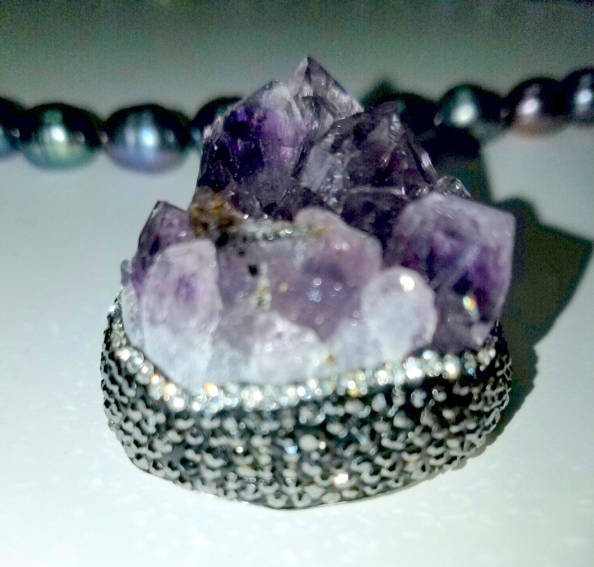 Amethyst Druzy Pendant With 12mm Black Baroque Rice Freshwater Pearl ...