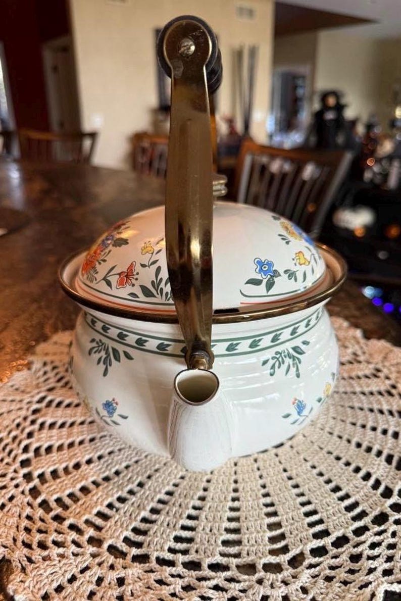 Vintage Enamelware Teapot Floral Flowers Wood Handle Kamenstein - Etsy