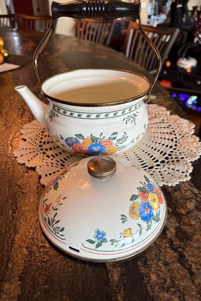 Vintage Enamelware Teapot Floral Flowers Wood Handle Kamenstein - Etsy