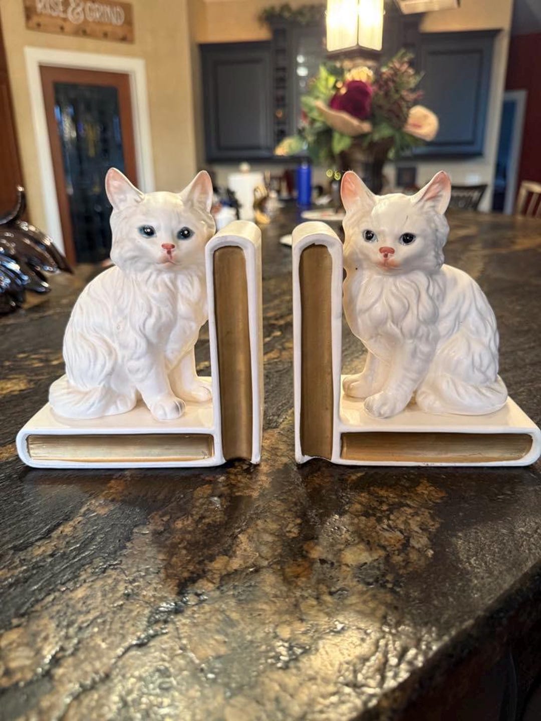 Lefton White Persian Cat Ceramic Bookends Fluffy Kitty Cat Blue Eyes ...