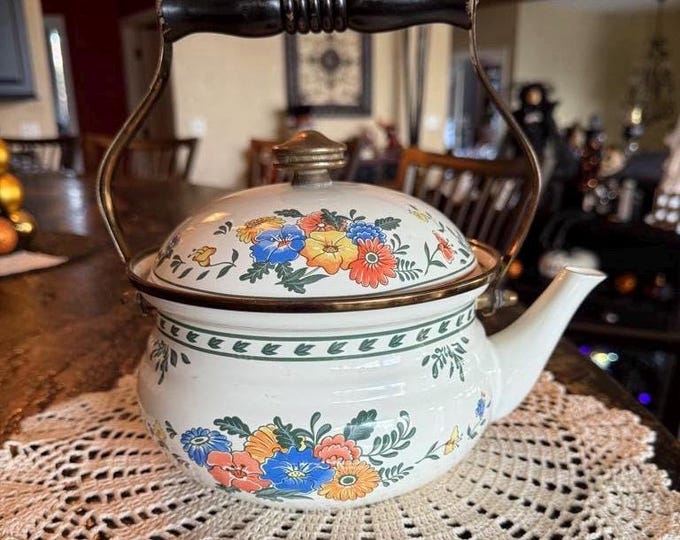 Vintage Enamelware Teapot Floral Flowers Wood Handle Kamenstein - Etsy