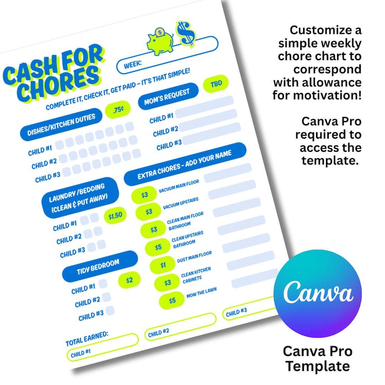Chore Chart for Cash - Canva Pro Template - Etsy