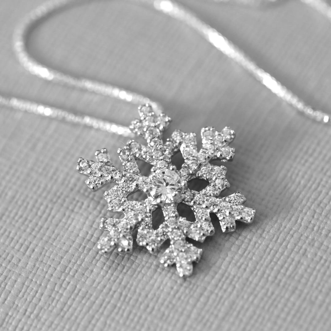 Snowflake Necklace, Sterling Silver and CZ Snowflake Pendant, Christmas ...