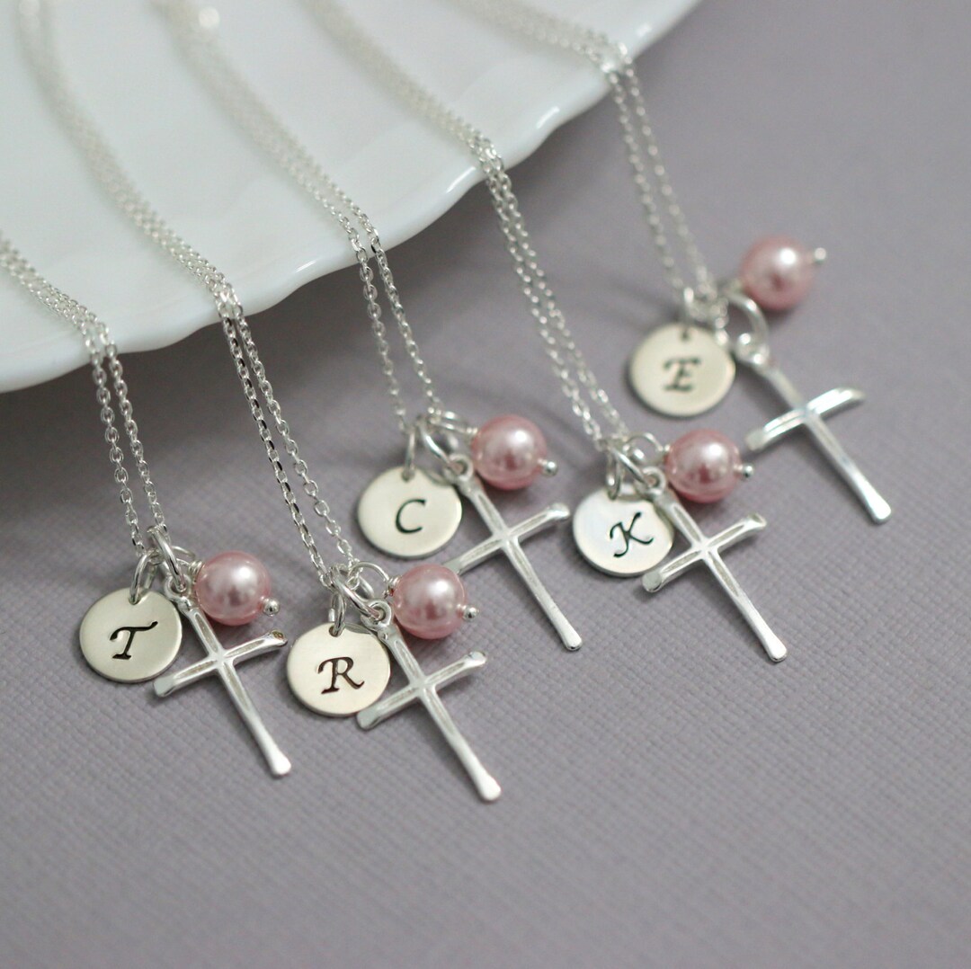 Personalized Cross Necklace, Sterling Silver Cross Necklace, Baptism Gift Girl, Flower Girl Gift ...