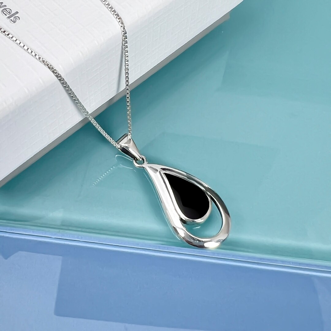 Sterling Silver Black Onyx Long Drop Necklace, Gift for Wife ...