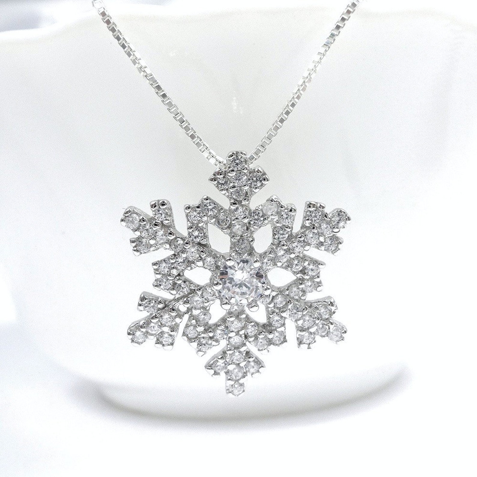 Silver Snowflake Necklace Sterling Silver and CZ Snowflake | Etsy