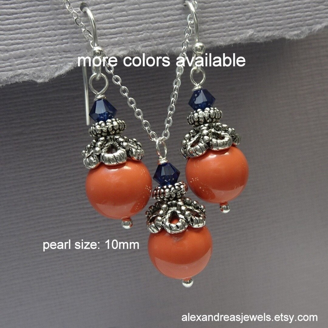 Coral and Navy Jewelry Set, Orange Jewelry Set, Orange and Navy Jewelry ...