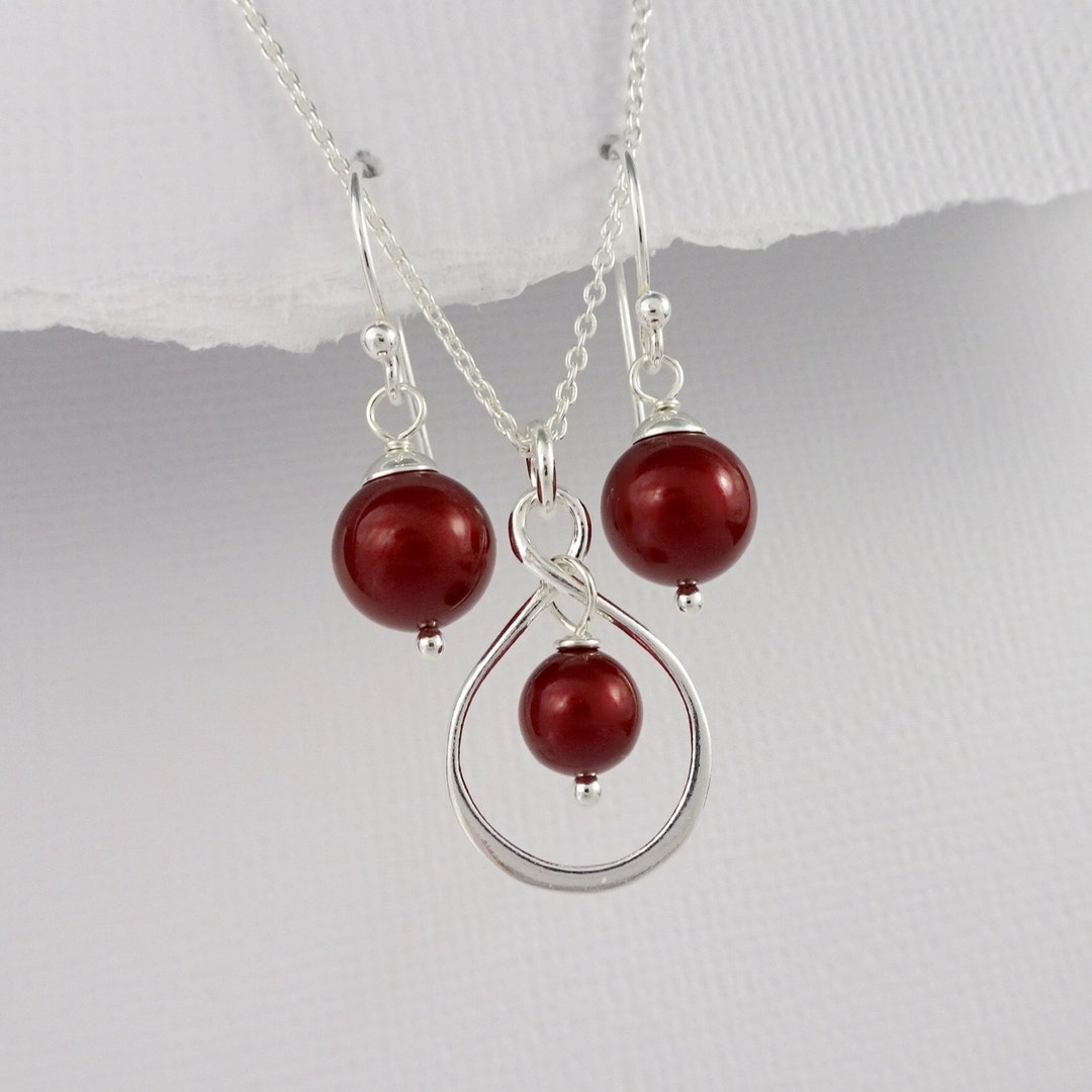 Wine Red Necklace and Earrings Set Sterling Silver, Bridesmaid Jewelry ...