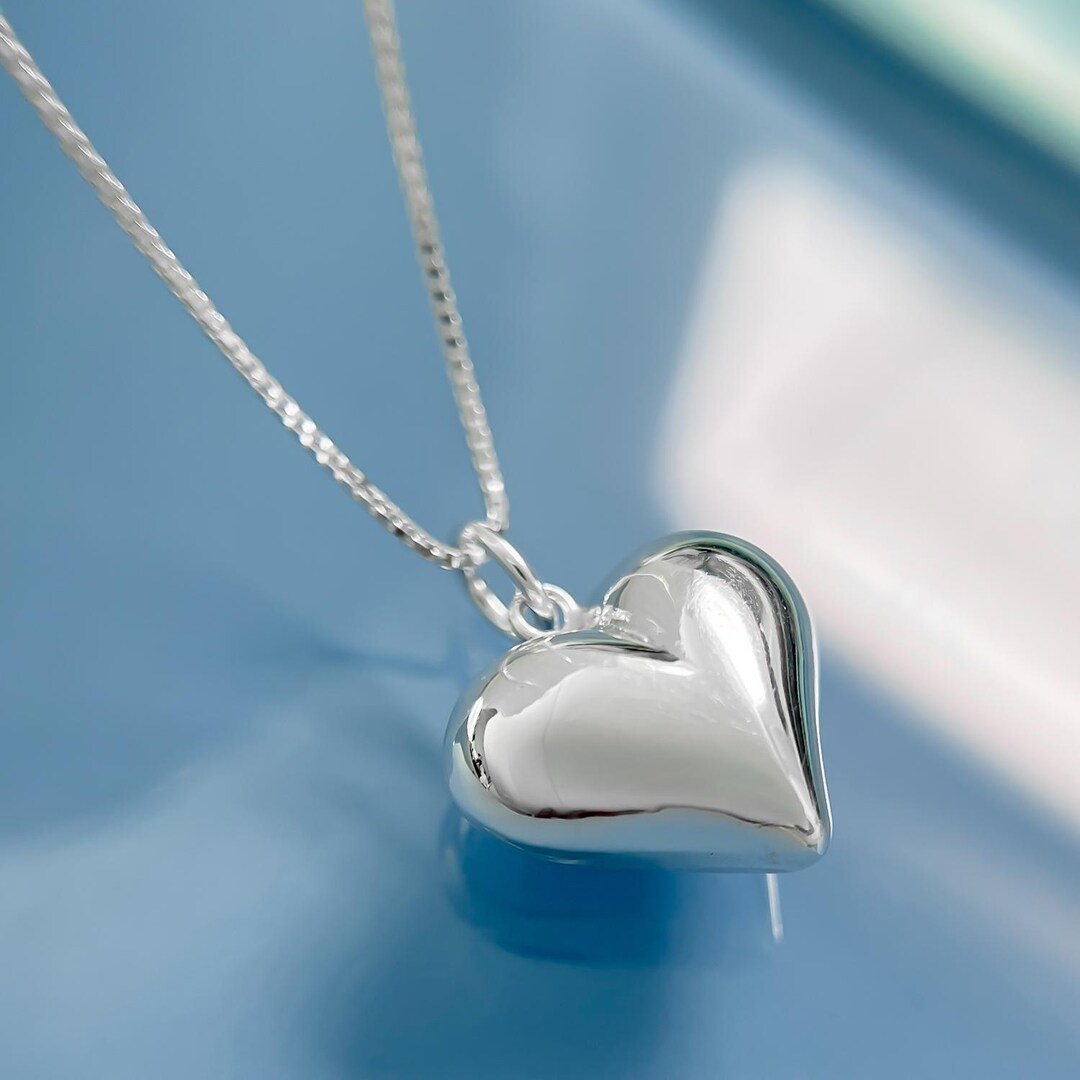 Large Sterling Silver Puffed Heart Necklace, Heart Charm, Girlfriend ...