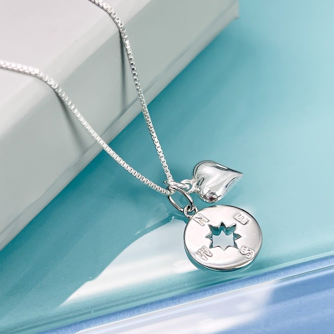 Compass and Heart Necklace, Silver Compass Pendant With Tiny Puffed ...