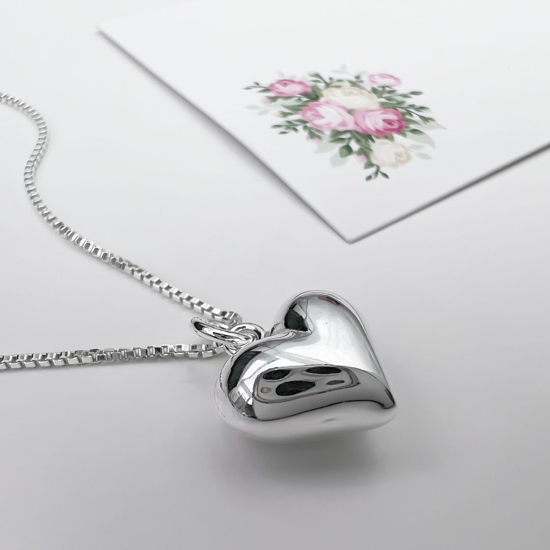 Sterling Silver Puffed Heart Necklace, Gift for Wife, Girlfriend Gift ...