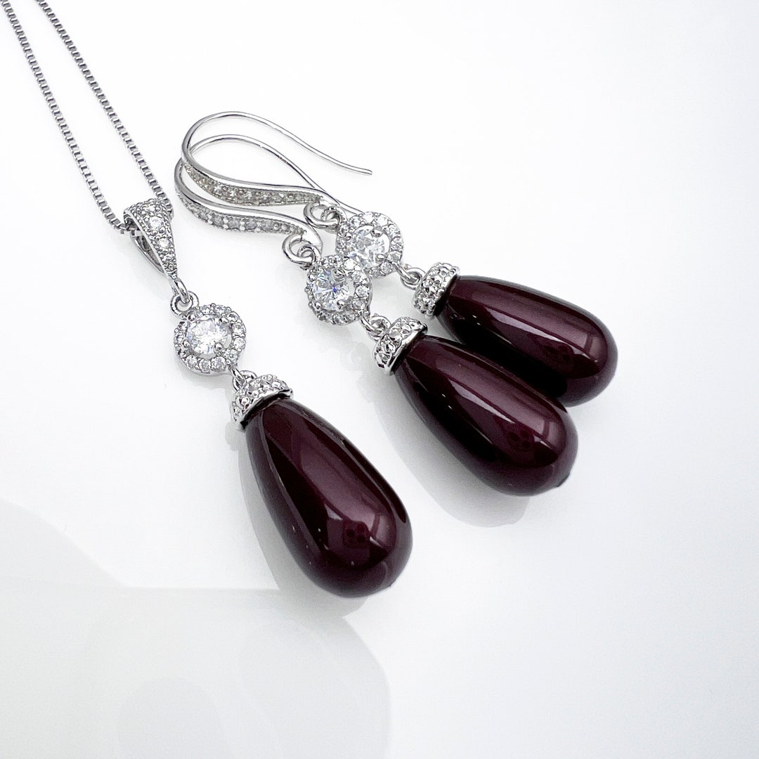 Swarovski Maroon Drop Pearl Wedding Jewelry Set Bridal - Etsy