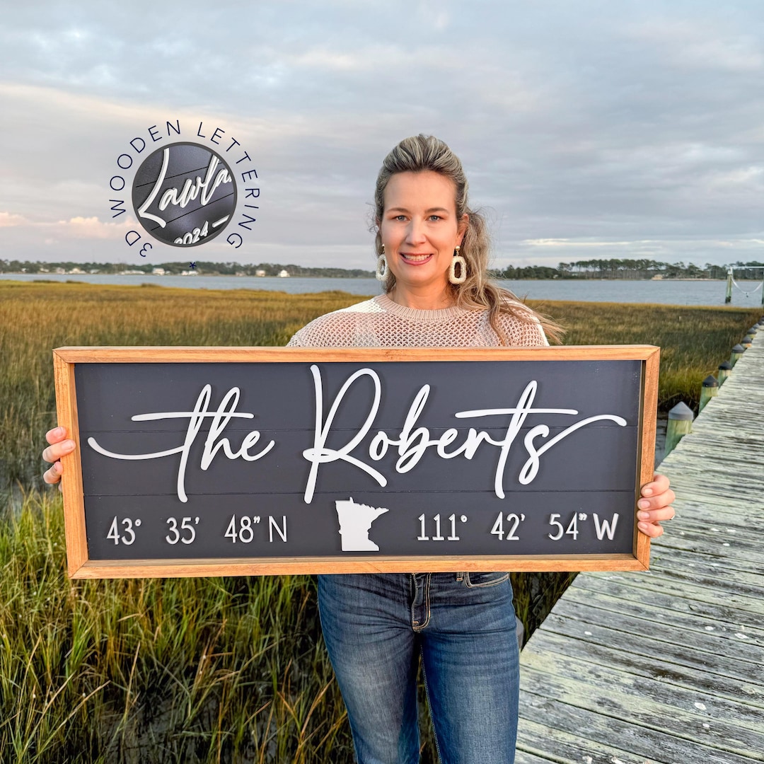 Coordinate Wood Sign With Last Name | Latitude Longitude Wooden Sign ...